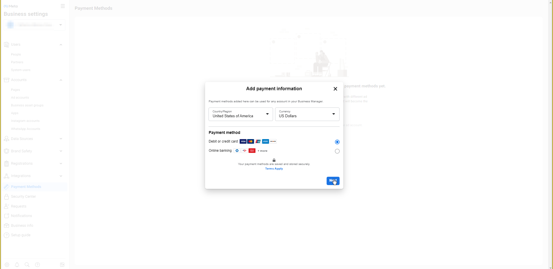 Setting up Meta Business Account Payment Method